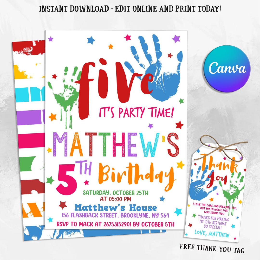 High Five Birthday Invitation, Colorful Birthday Invite, Girls 5th ...