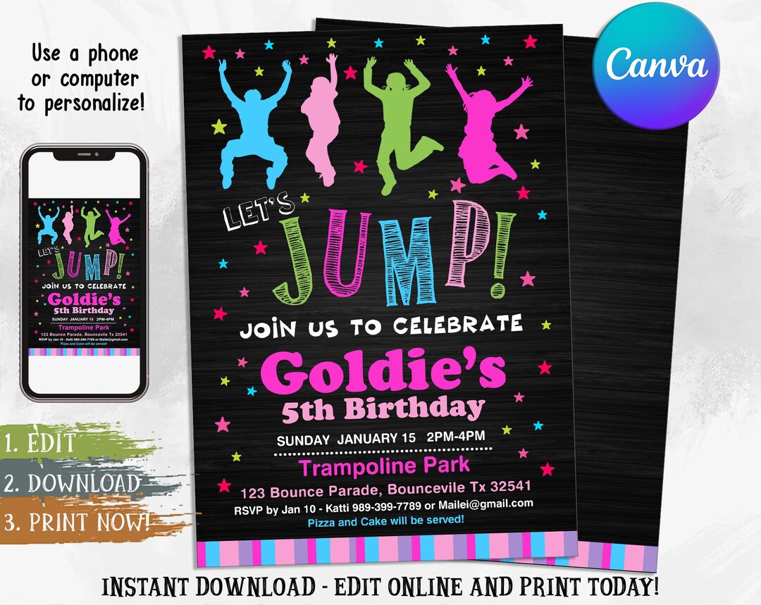 Jump Invitation, Jump Birthday Party Invitation, Trampoline Birthday ...