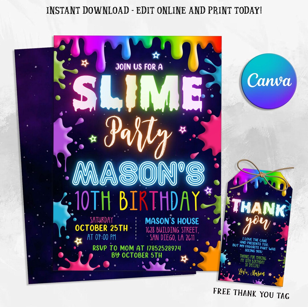 Slime Party Birthday Invitation, Slime Party Theme Invitation, Kids ...