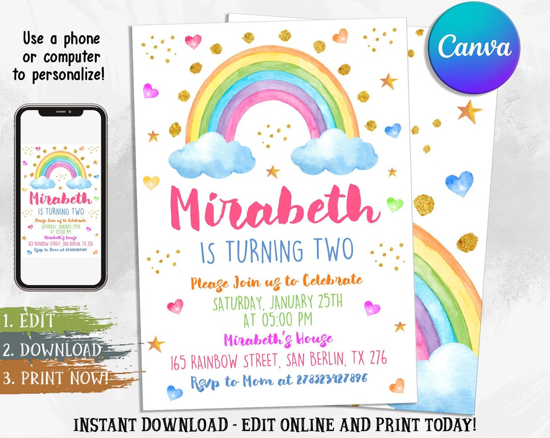 Editable Rainbow Invitation, Rainbow Birthday Party Invitation, Magical ...