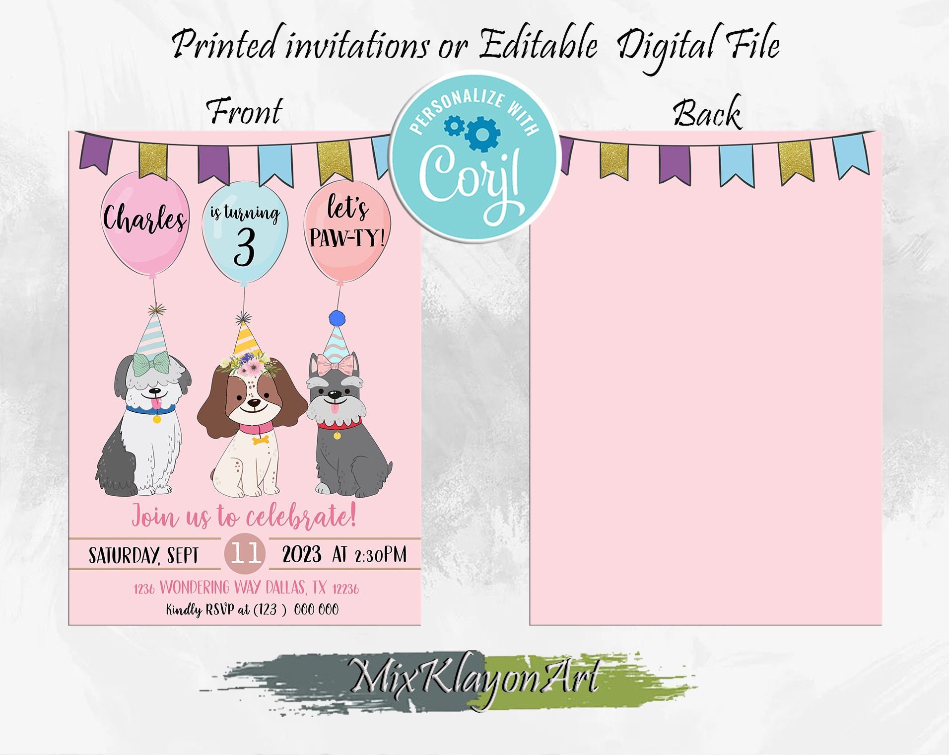 Dog Birthday Party Invitation Printable Puppy Invite Pink - Etsy