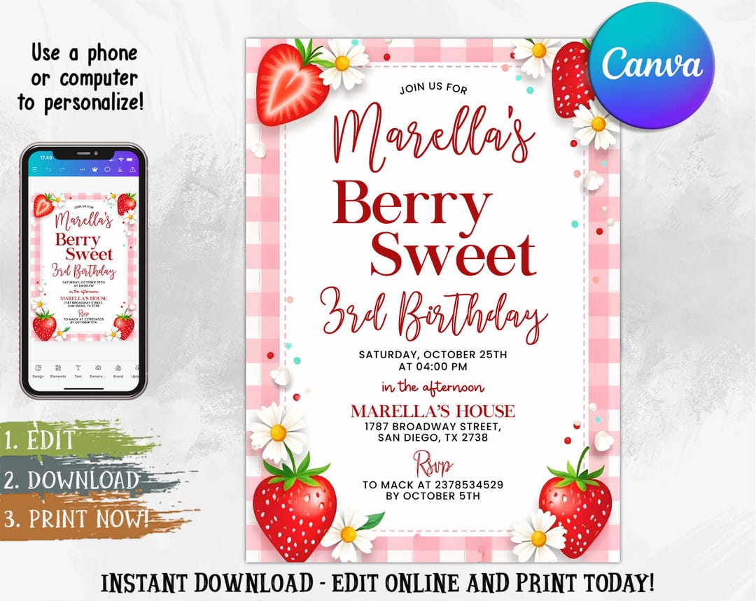 Berry Sweet 3rd Birthday Invitation Template, Editable Strawberry ...