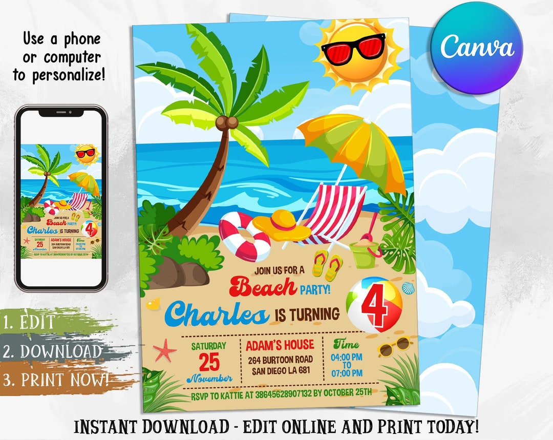 Editable Beach Invitation, Beach Birthday Party Invitation, Ocean ...