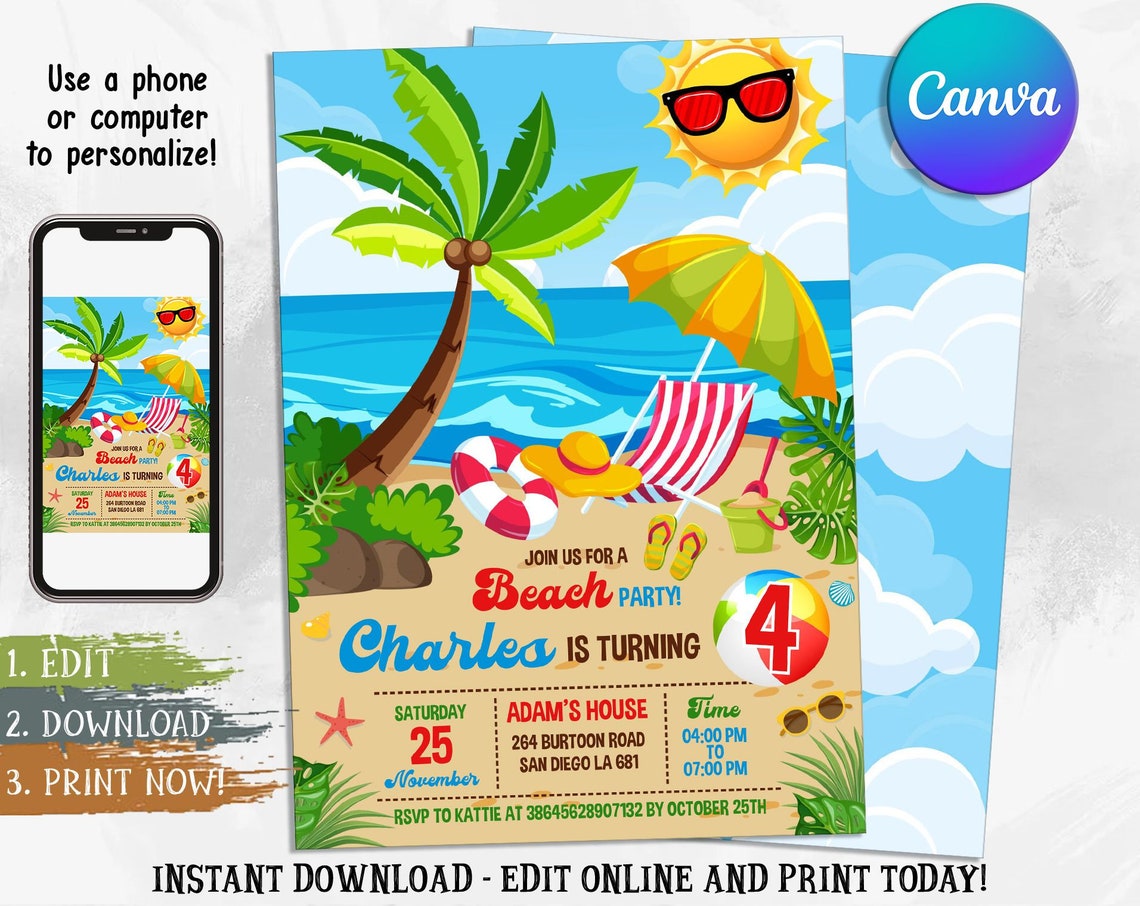 Editable Beach Invitation, Beach Birthday Party Invitation, Ocean ...