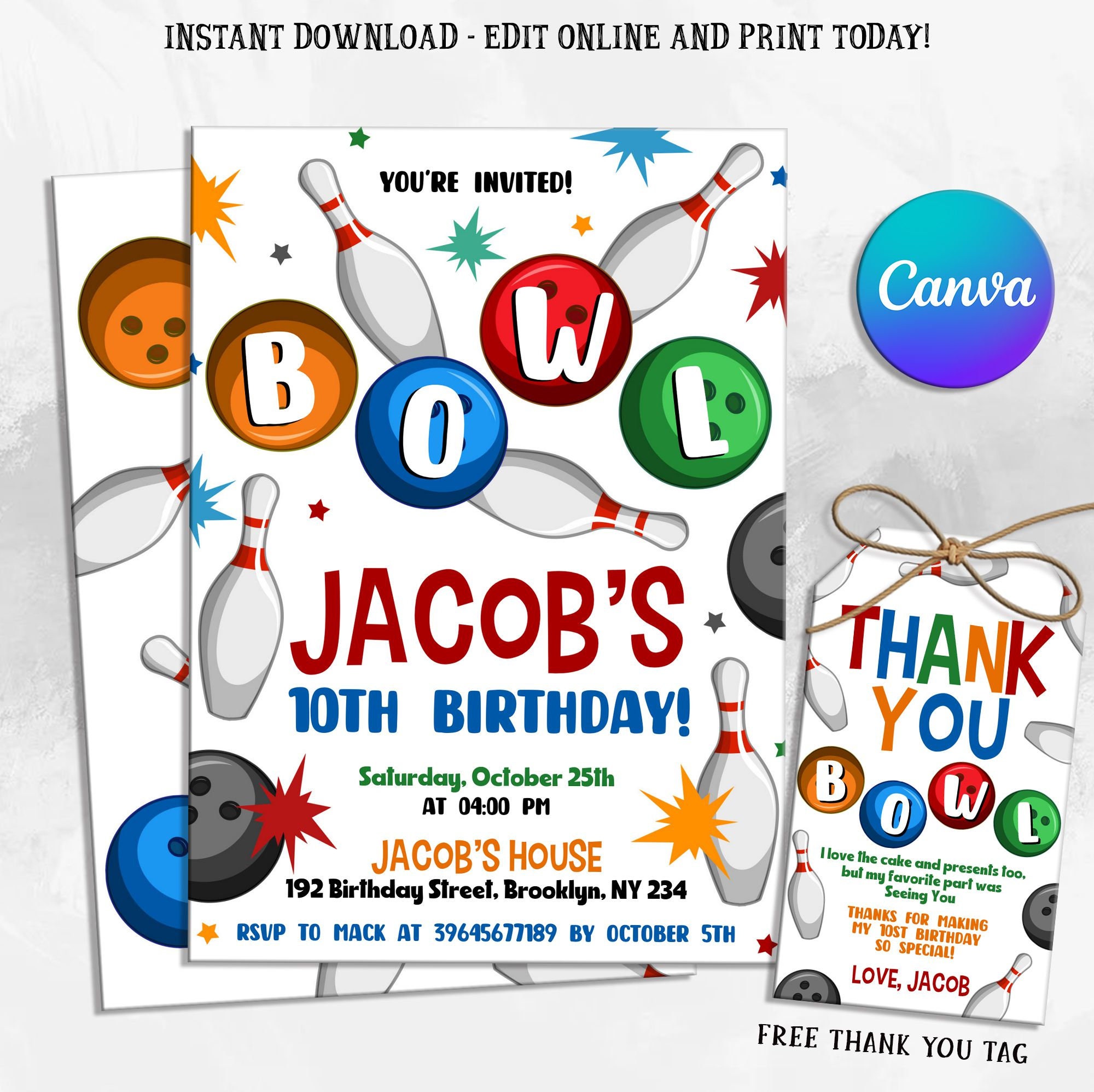 Editable Bowling Birthday Invitation Boy, Instant Download Strike up ...