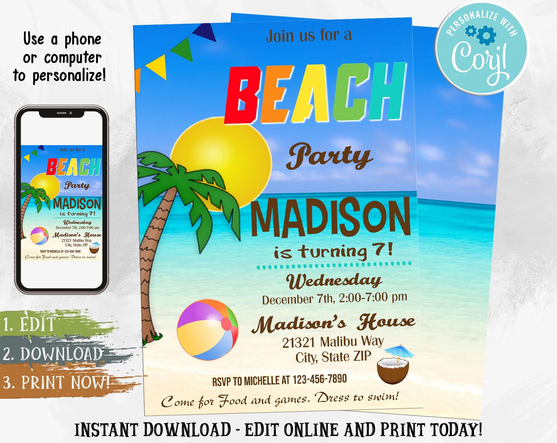Editable Beach Invitation Beach Party Invitation Beach - Etsy