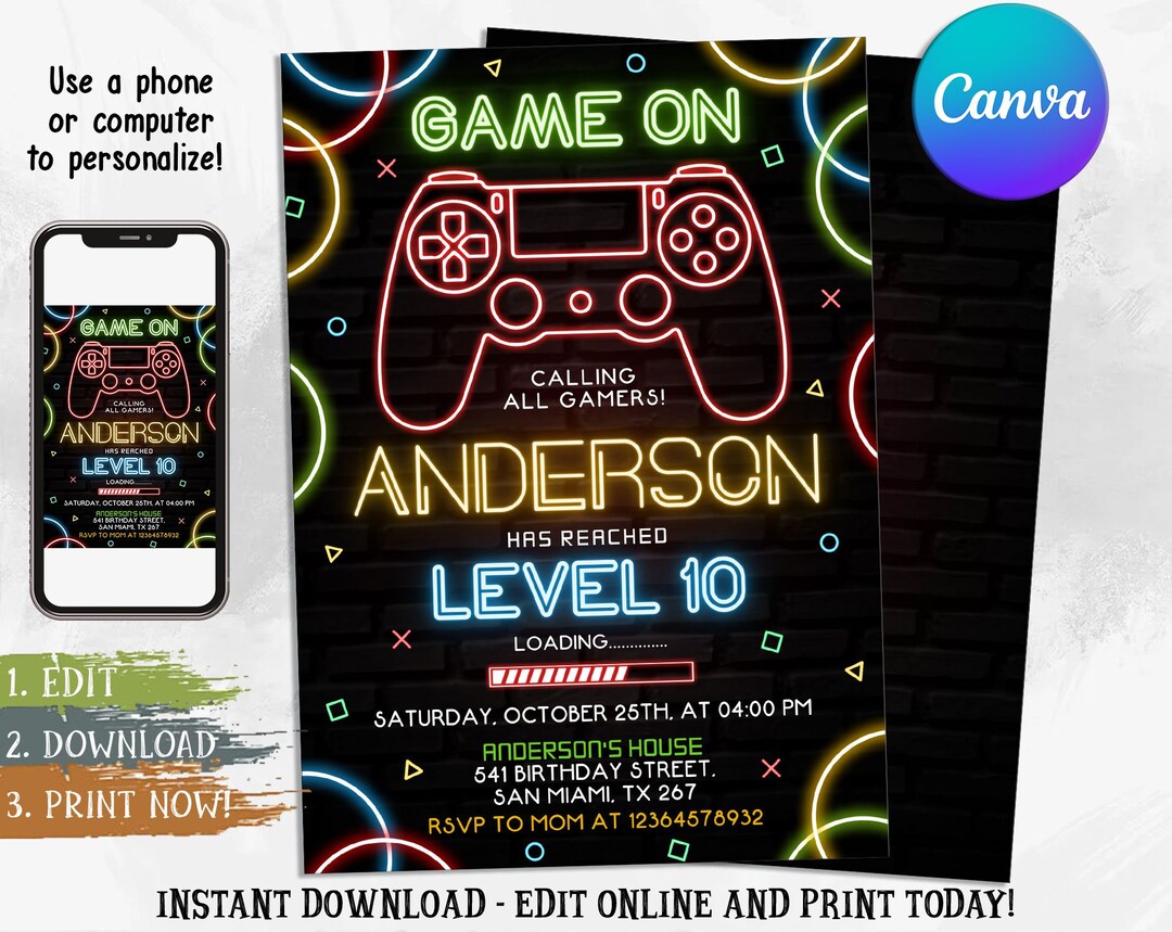 Editable Video Game Invitation, Video Game Birthday Invitation, Game ...