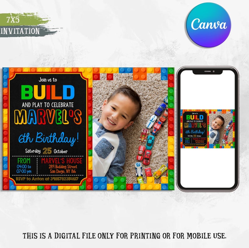 Editable Building Blocks Birthday Party Invitation Template With Photo ...