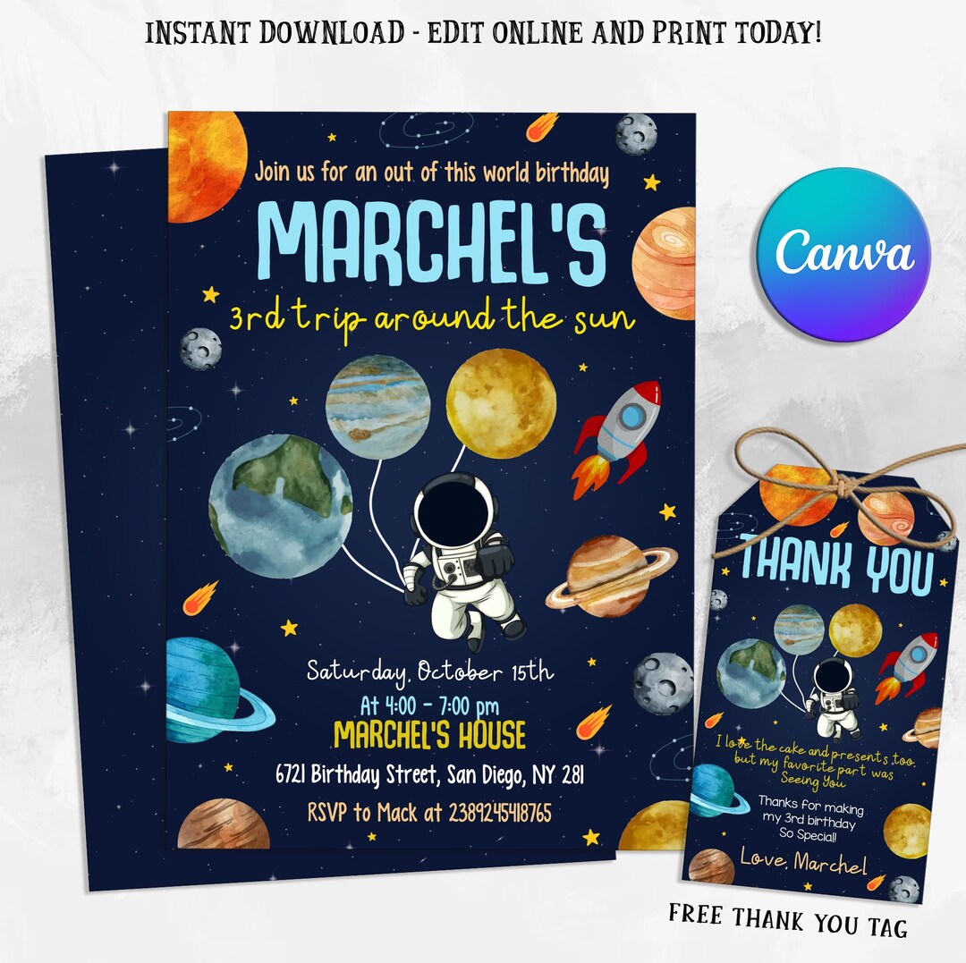Outer Space Birthday Invitation Template, Planets Rocket Ship Astronaut ...