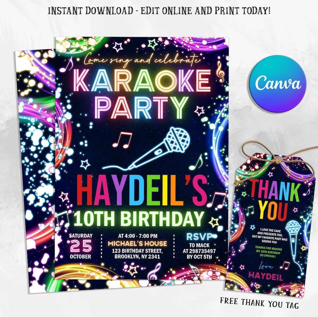 Editable Karaoke Birthday Party Invitation, Neon Glow Karaoke Birthday ...