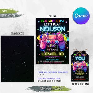 Editable Neon Game on Level up Gaming Birthday Party Invitation, Video ...
