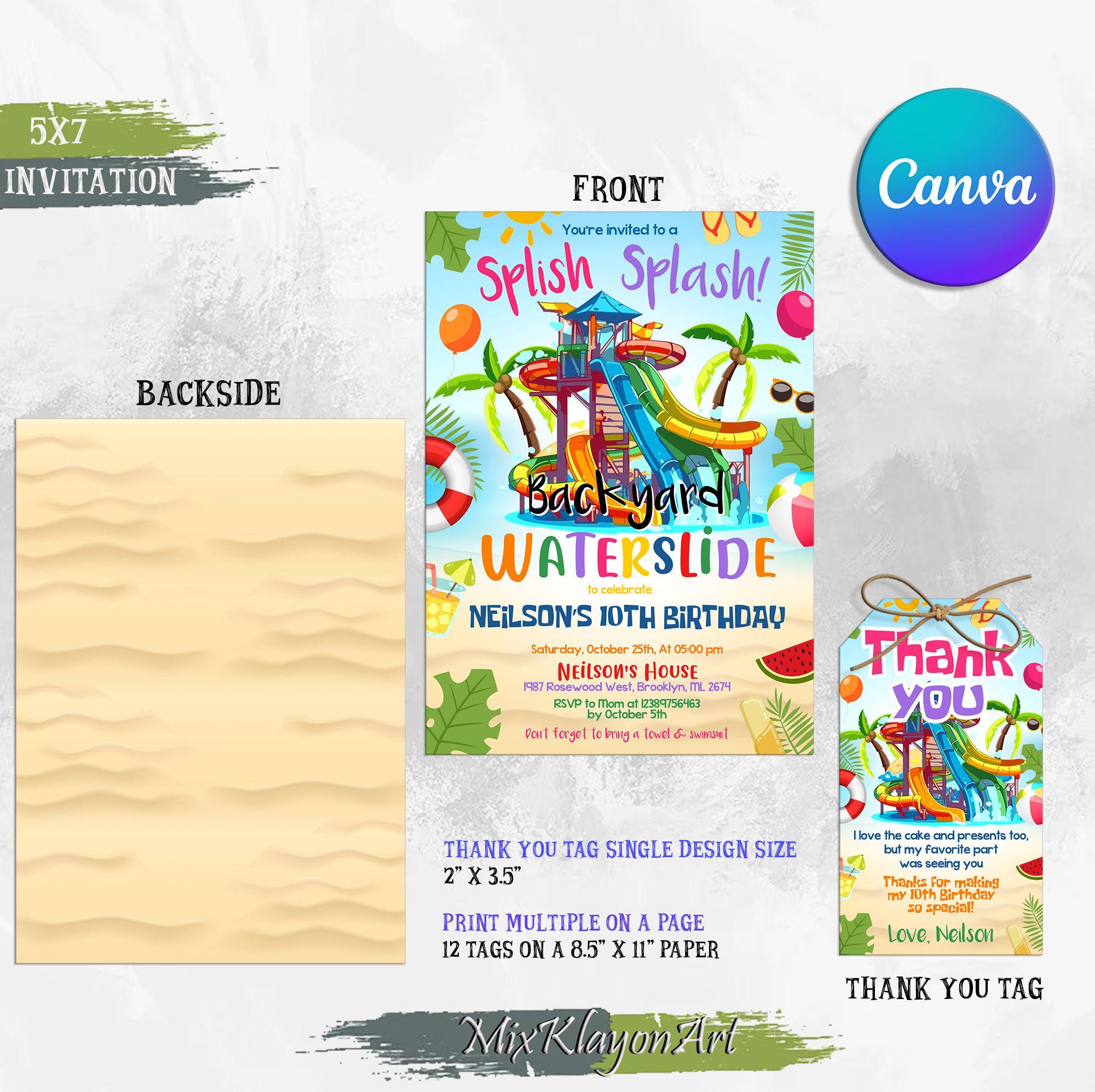 Waterslide Birthday Invitation: Splash Pad Party, Editable Canva ...