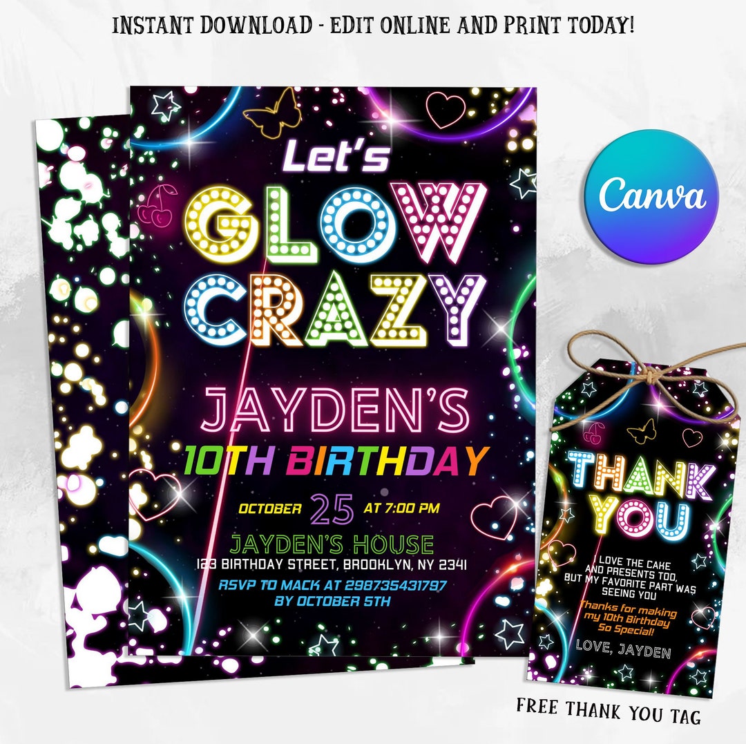 Editable Glow Party Birthday Invitation, Glow Gender Neutral Invites ...