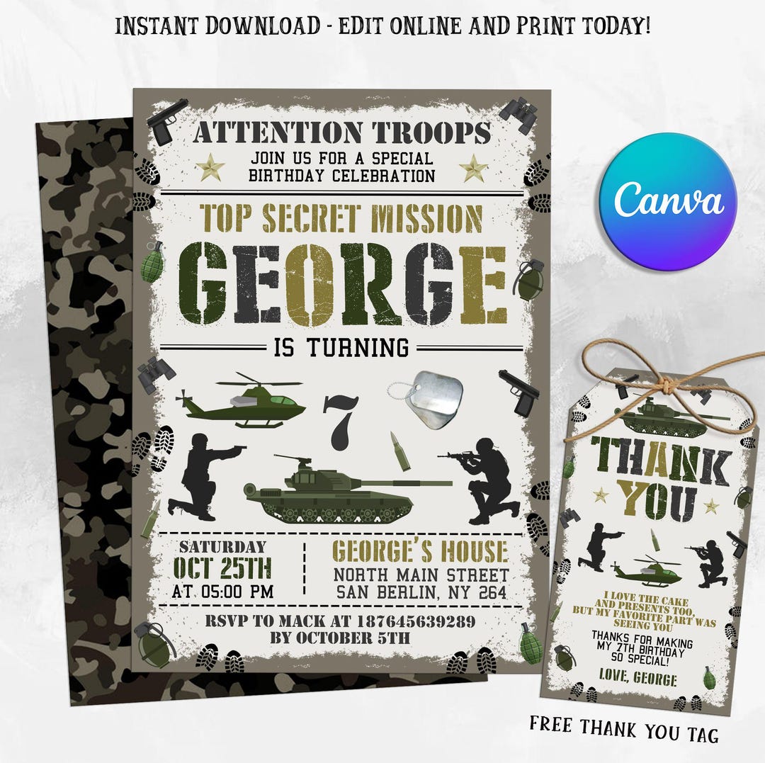 Editable Army Birthday Invitation, Military Party Invitations, Soldier ...