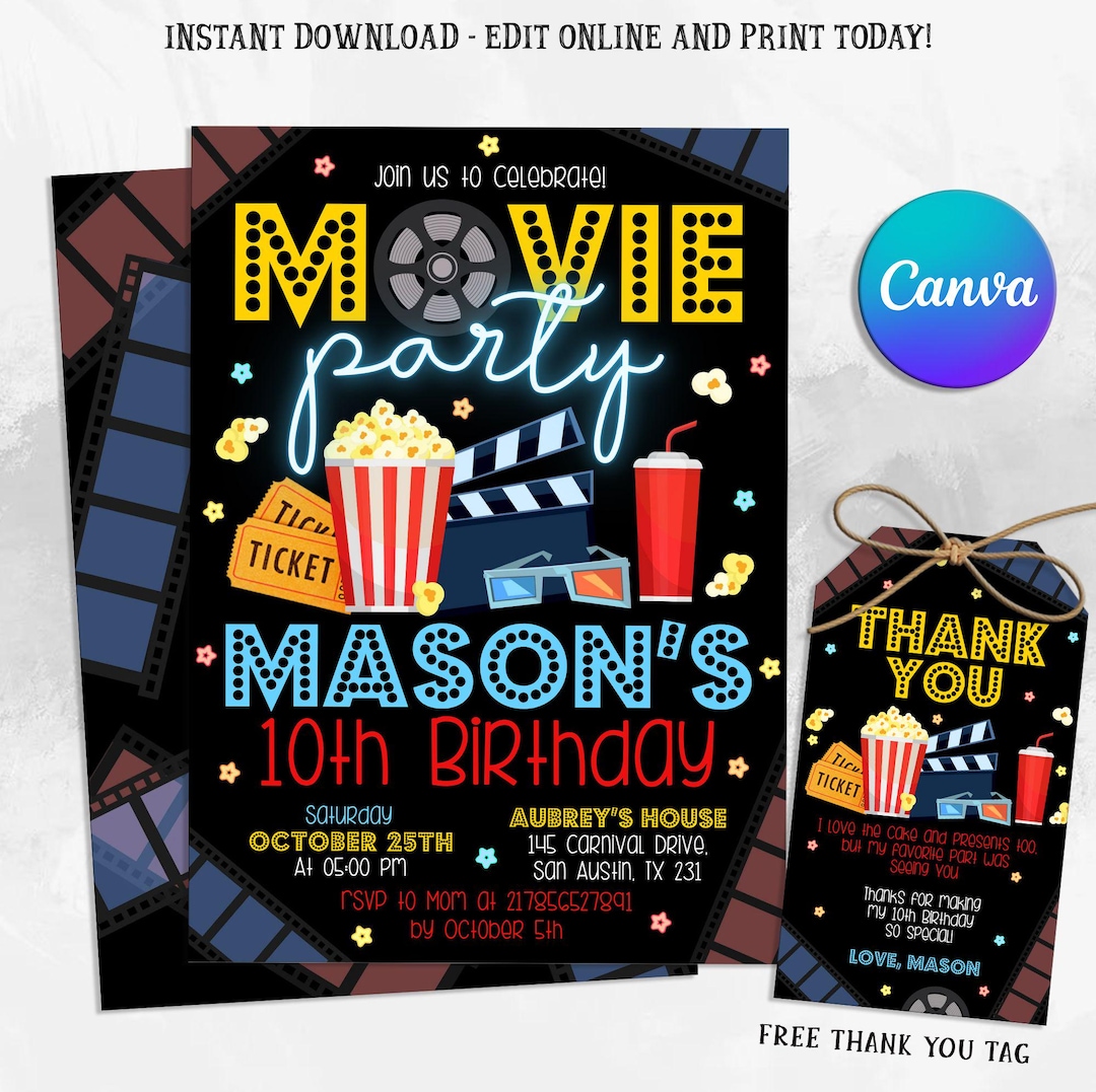 Movie Birthday Invitation, Movie Party Invites, Movie Night Invitation ...
