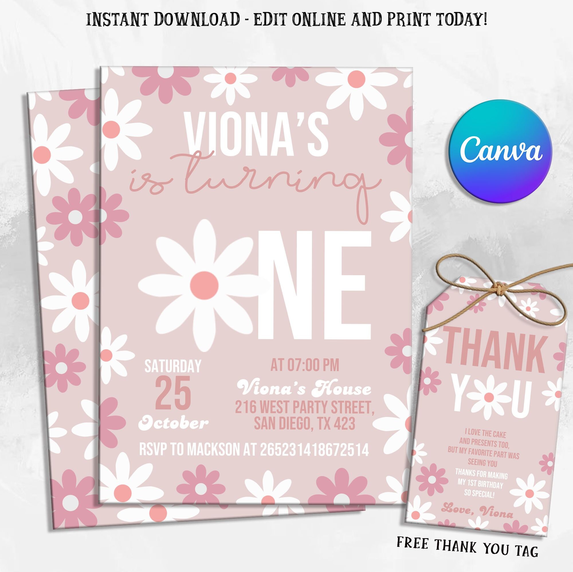 Editable Daisy Invitation, Daisy Birthday, Retro Daisy Party, First ...