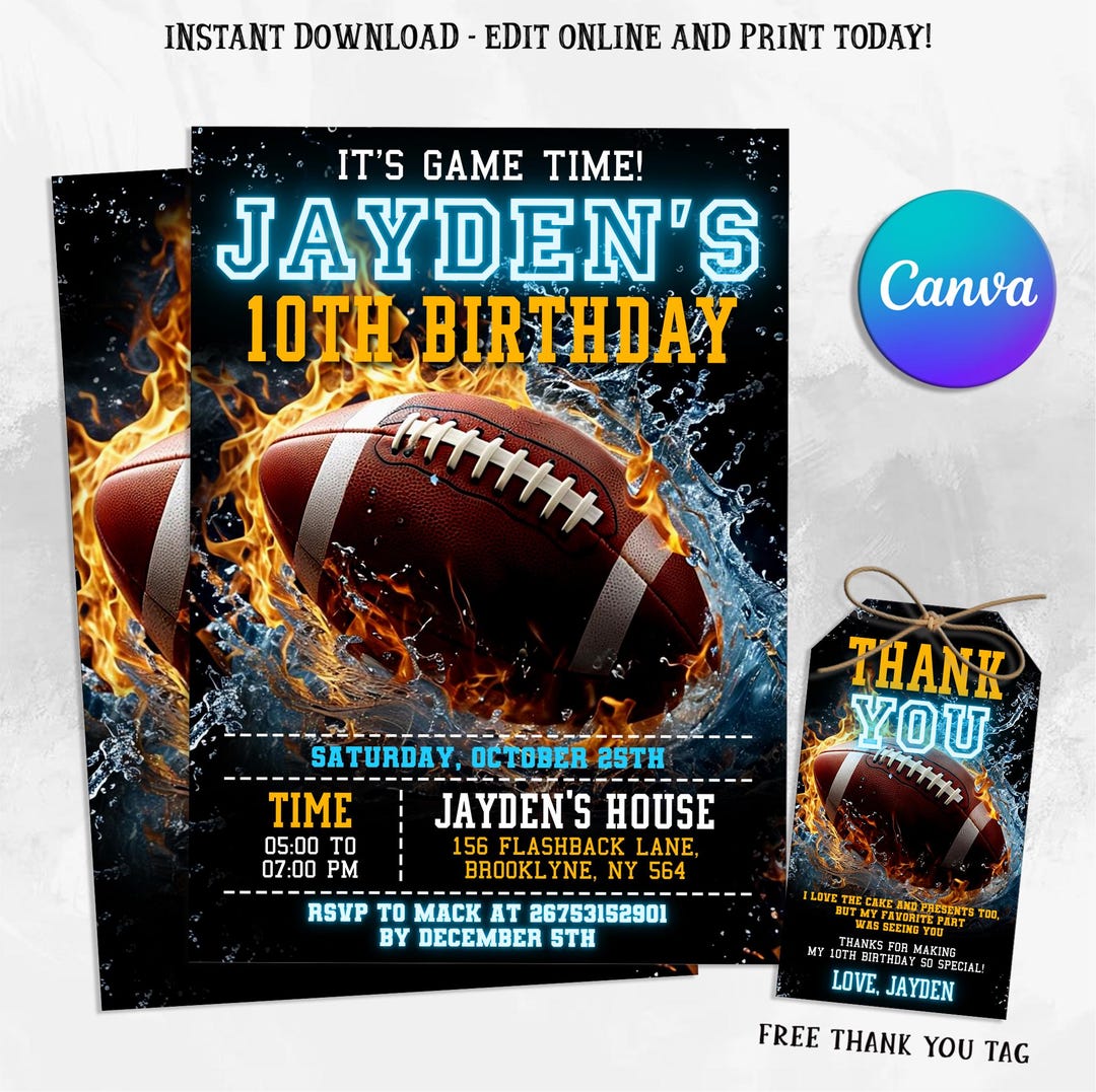 Editable Football Birthday Invitation, Game Time Football Party, Sports ...
