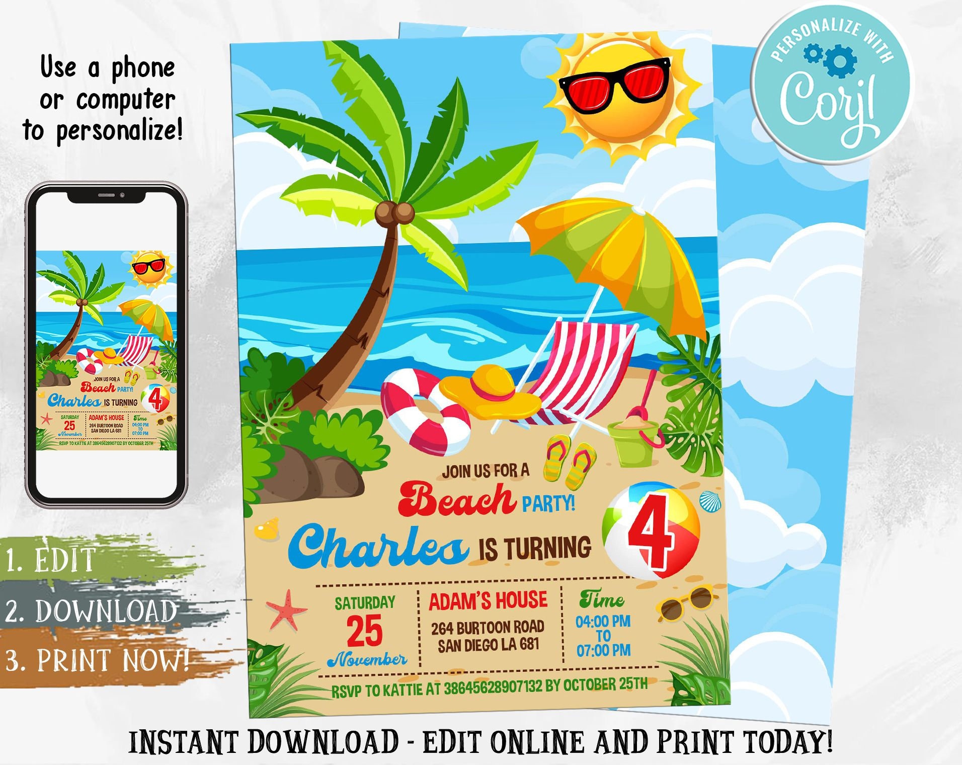 Invitación de playa editable, invitación de fiesta de cumpleaños de ...
