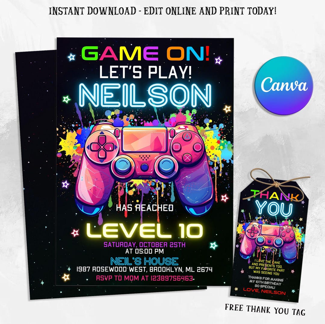 Editable Neon Game on Level up Gaming Birthday Party Invitation, Video ...