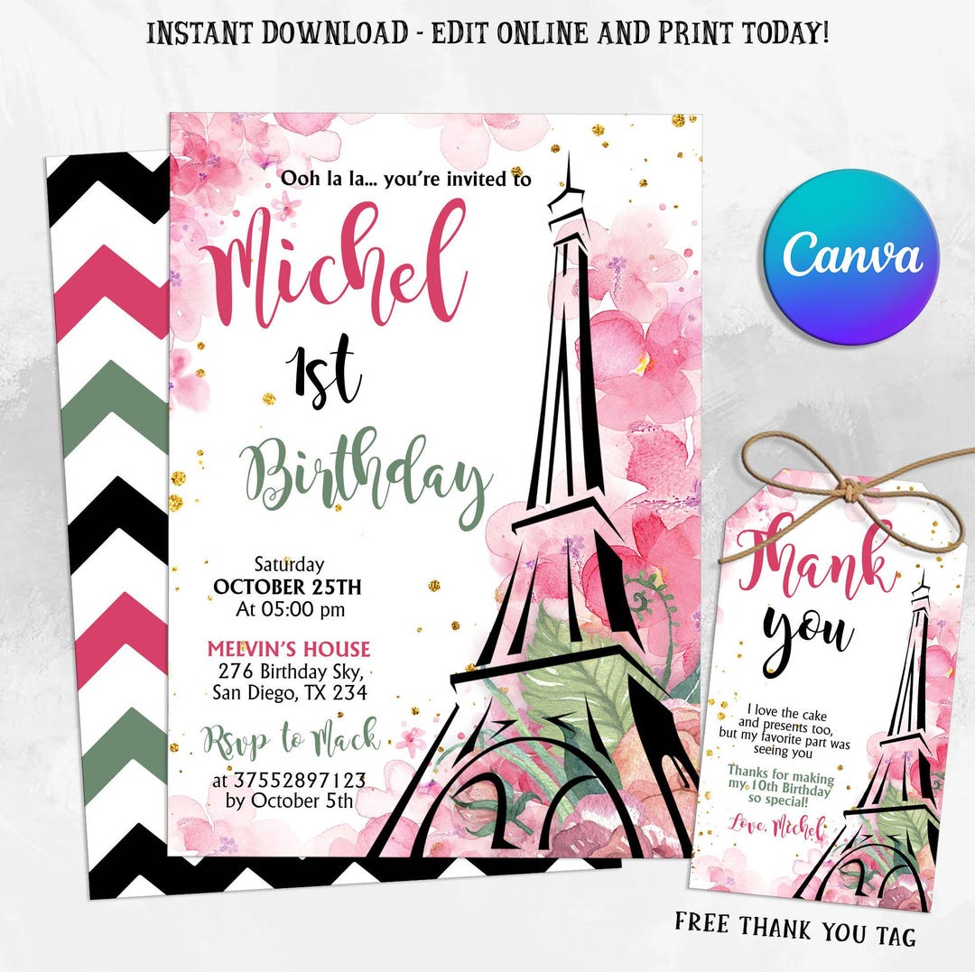 Digital Birthday Party Invitation, Paris Birthday Theme, French ...