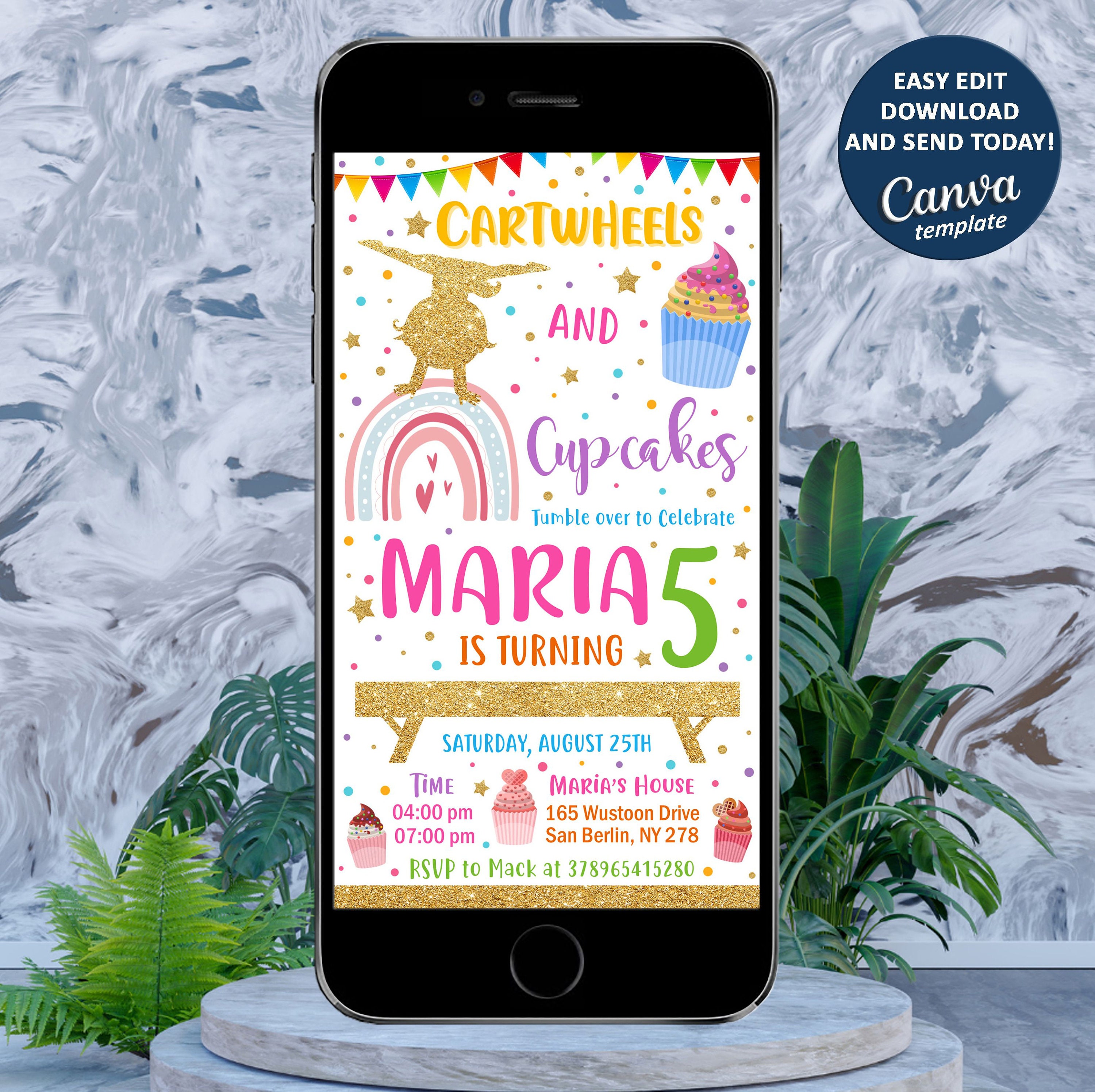 Editable Cartwheels and Cupcakes Birthday Invitation, Gymnastics Party ...