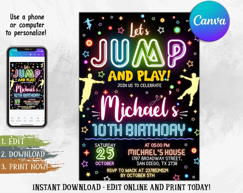 Editable Jump Party Invitation, Neon Glow Birthday Invite, Trampoline ...