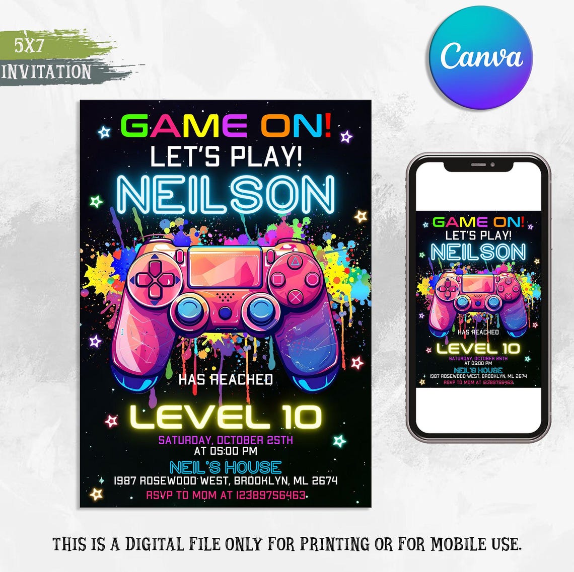 Editable Neon Game on Level up Gaming Birthday Party Invitation, Video ...