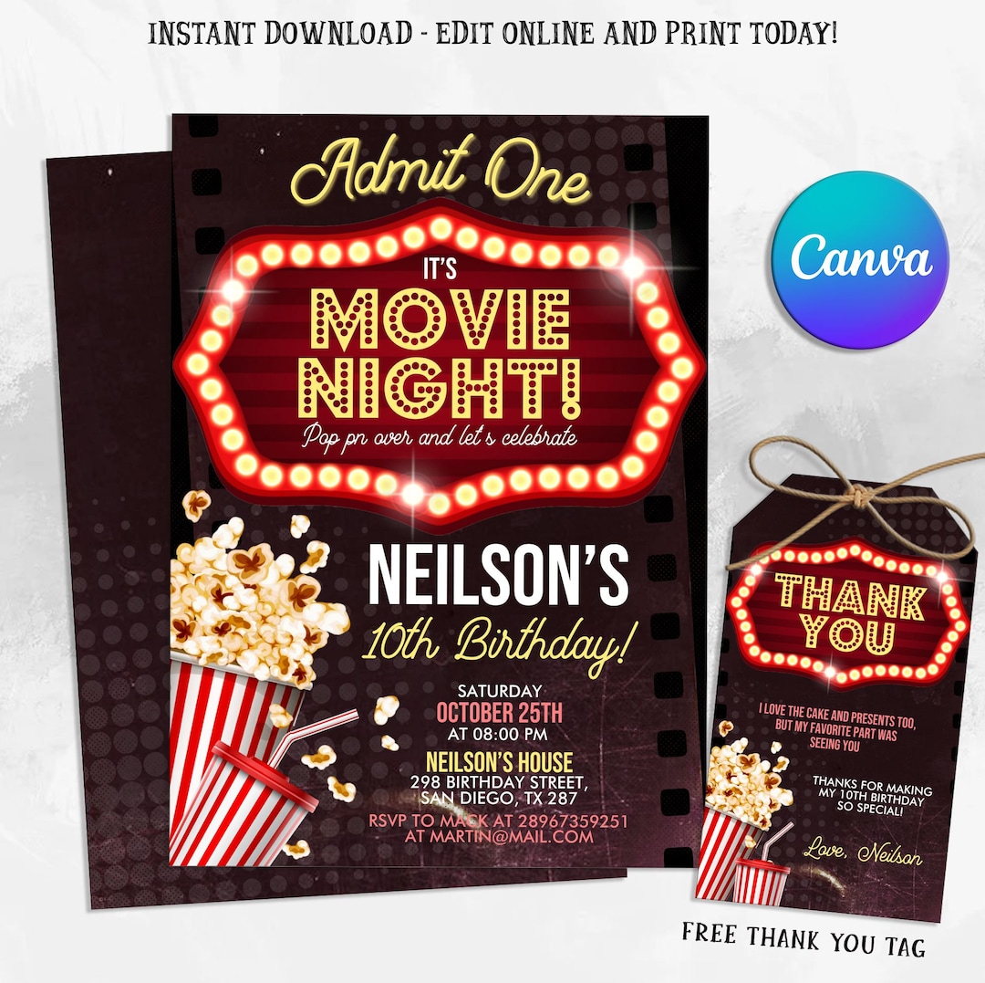 Movie Night Birthday Party Invitation, Backyard Movie Night Invitation ...