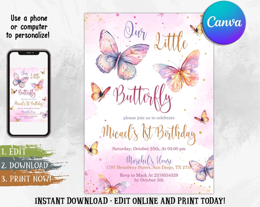 Editable Butterfly Invitation, Butterfly Birthday Party Invitation ...