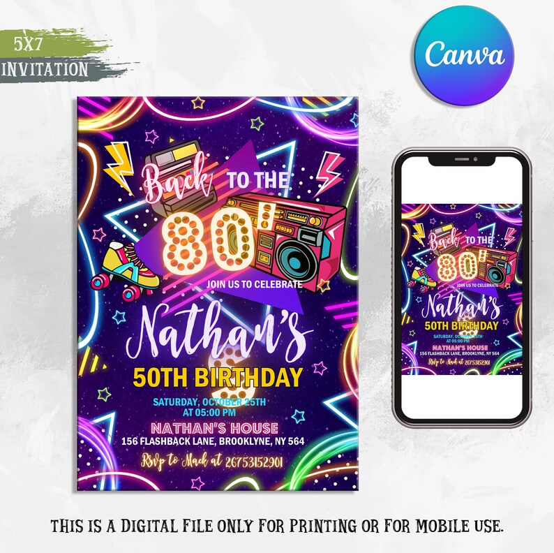 Editable 80s Birthday Party Invitation, Back to the 80s, Throwback Party, Neon Party, Glow Dance ...