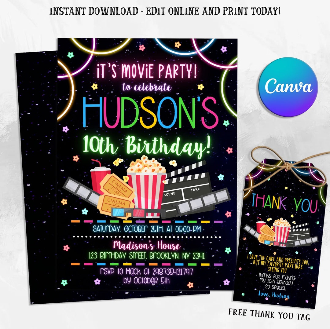 Movie Birthday Invitation, Cinema Birthday Invitation, Watch Party ...