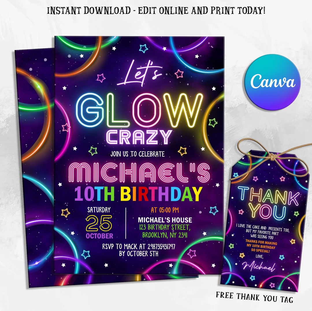 Editable Glow Birthday Party Invitation, Neon Glow Party Invites, Glow ...