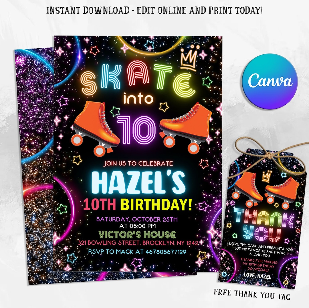 Editable Roller Skating Invitation, Glow Party Birthday Invitation ...