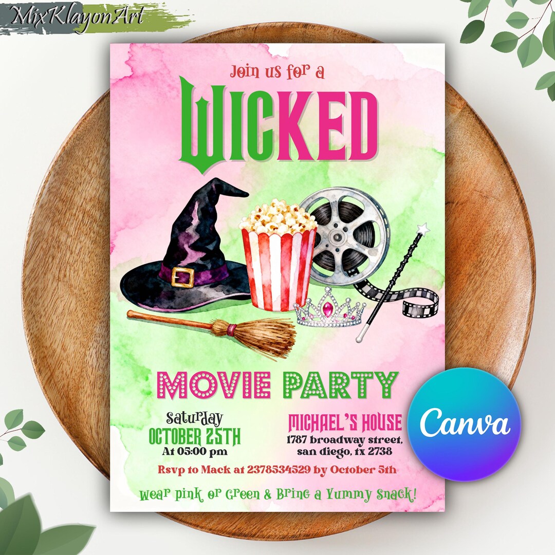 Wicked Movie Birthday Invitation, Pink or Green Musical Party, Any Age ...