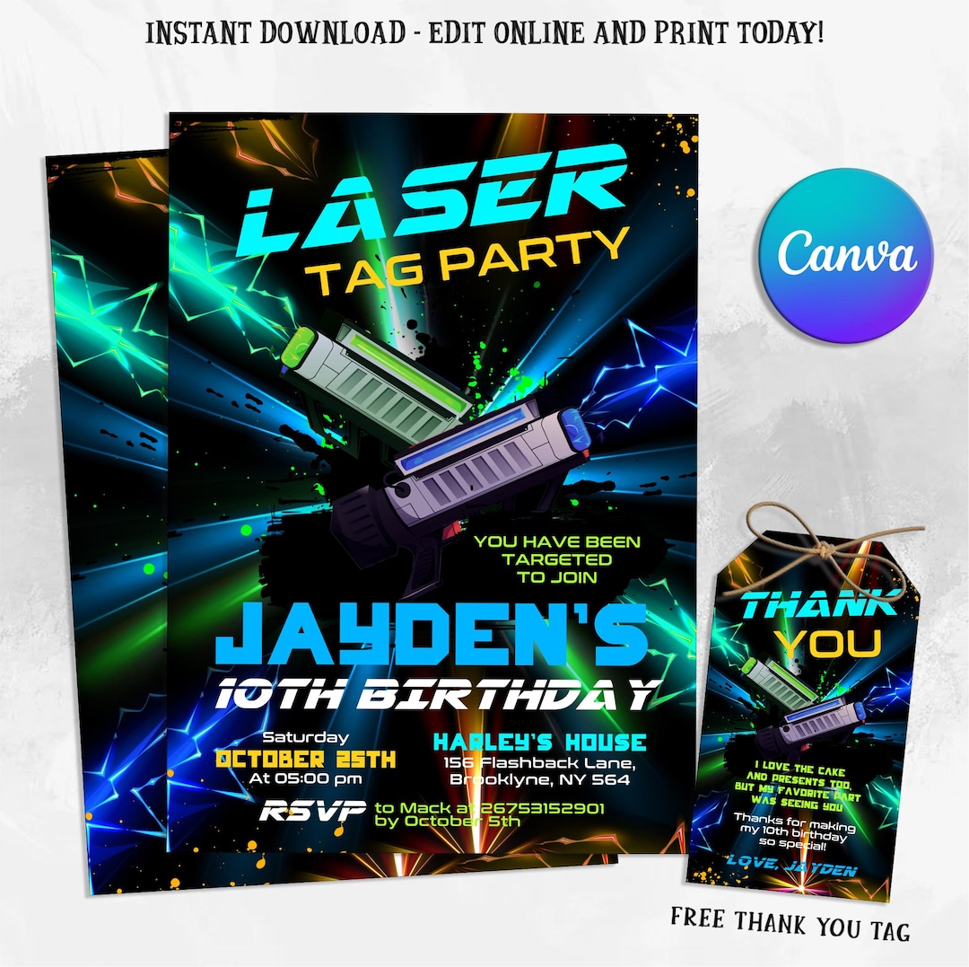 Editable Laser Tag Birthday Invitation, Laser Tag Party Invite, Neon ...
