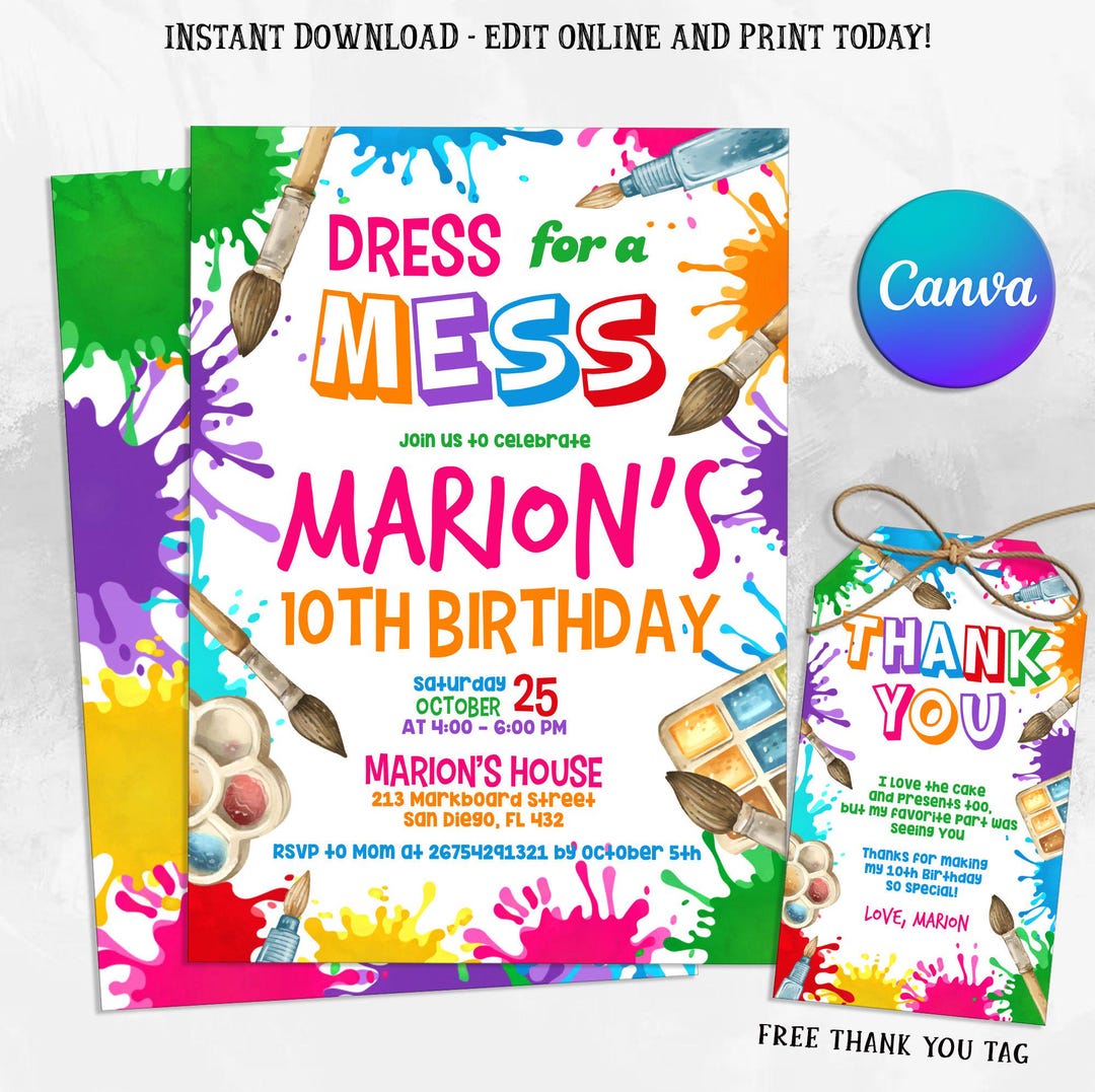 Editable Art Invitation, Art Birthday Party Invitation, Painting ...