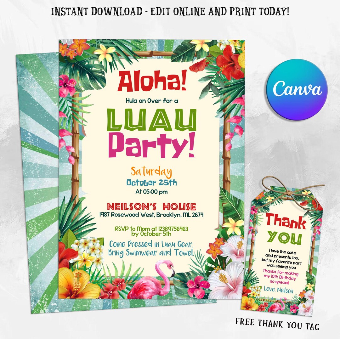 Editable Luau Birthday Invitation, Aloha Tropical Party Invitation ...