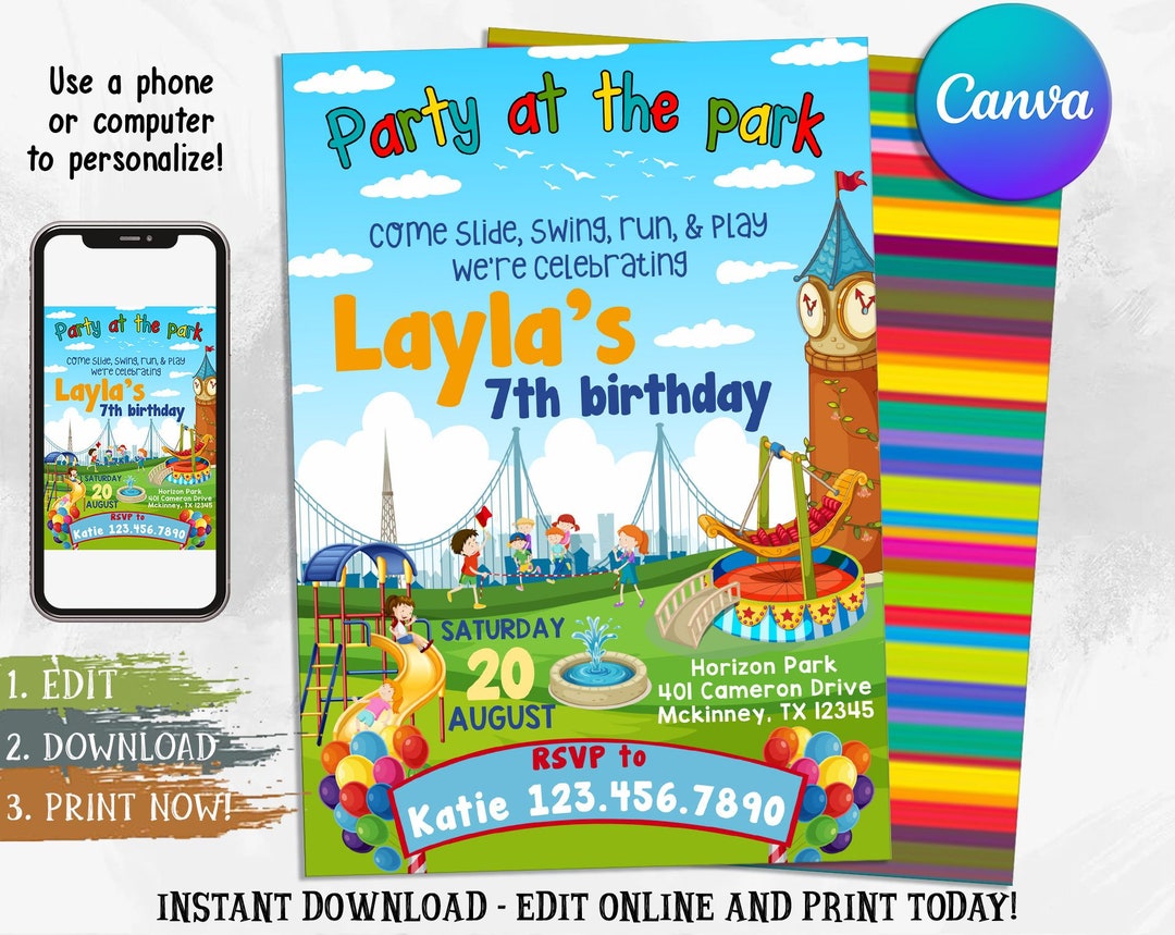 Park Birthday Party Invitation, Playgraund Birthday Invitation, Park ...