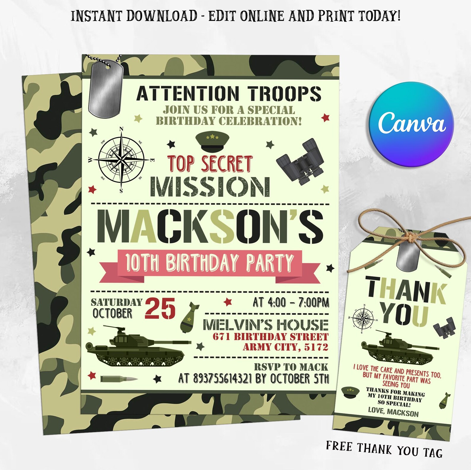Military Party Invitations, Army Birthday Invitation, Soldier Birthday ...