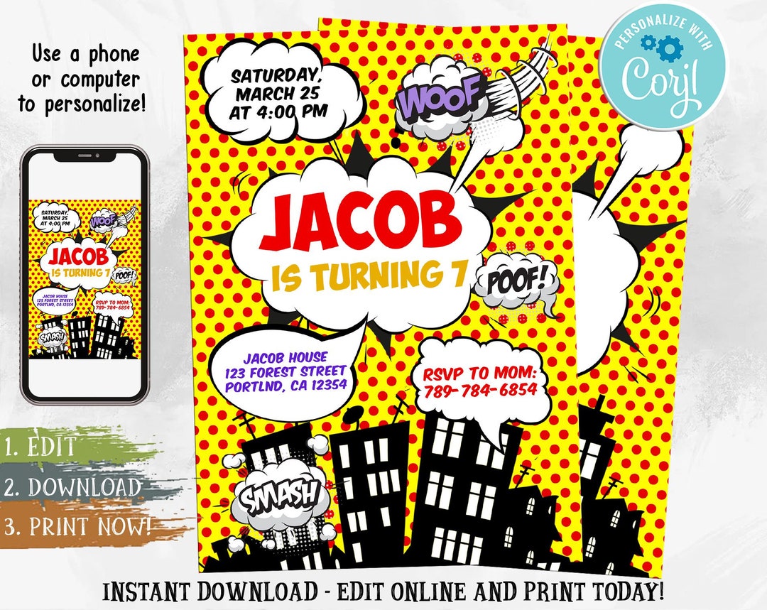 Comic Book Birthday Invitation Template, Superhero Birthday Party ...