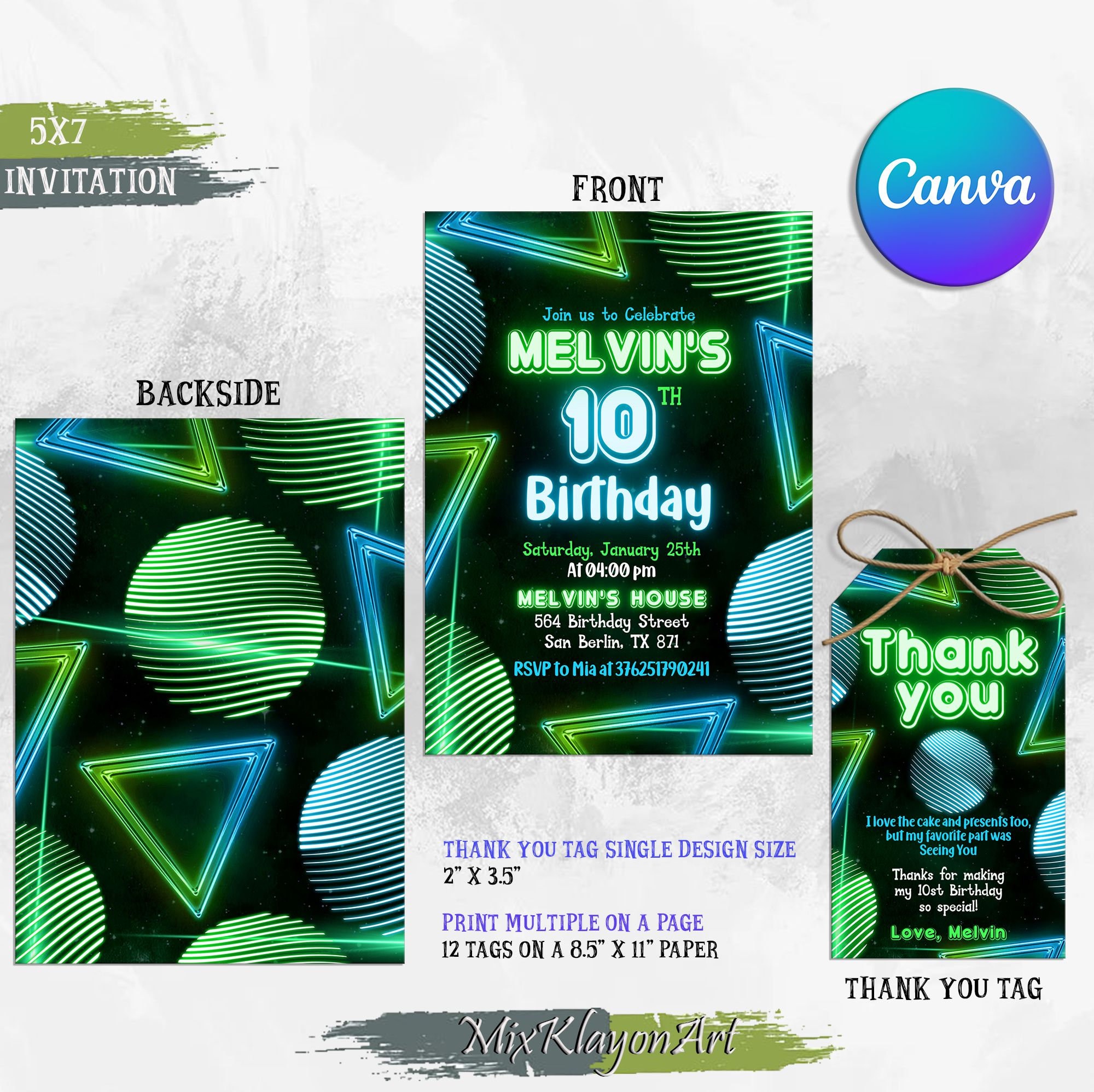 Editable Neon Birthday Party Invitation, Neon Retro Birthday Invite ...