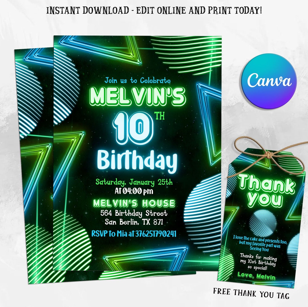 Editable Neon Birthday Party Invitation, Neon Retro Birthday Invite ...