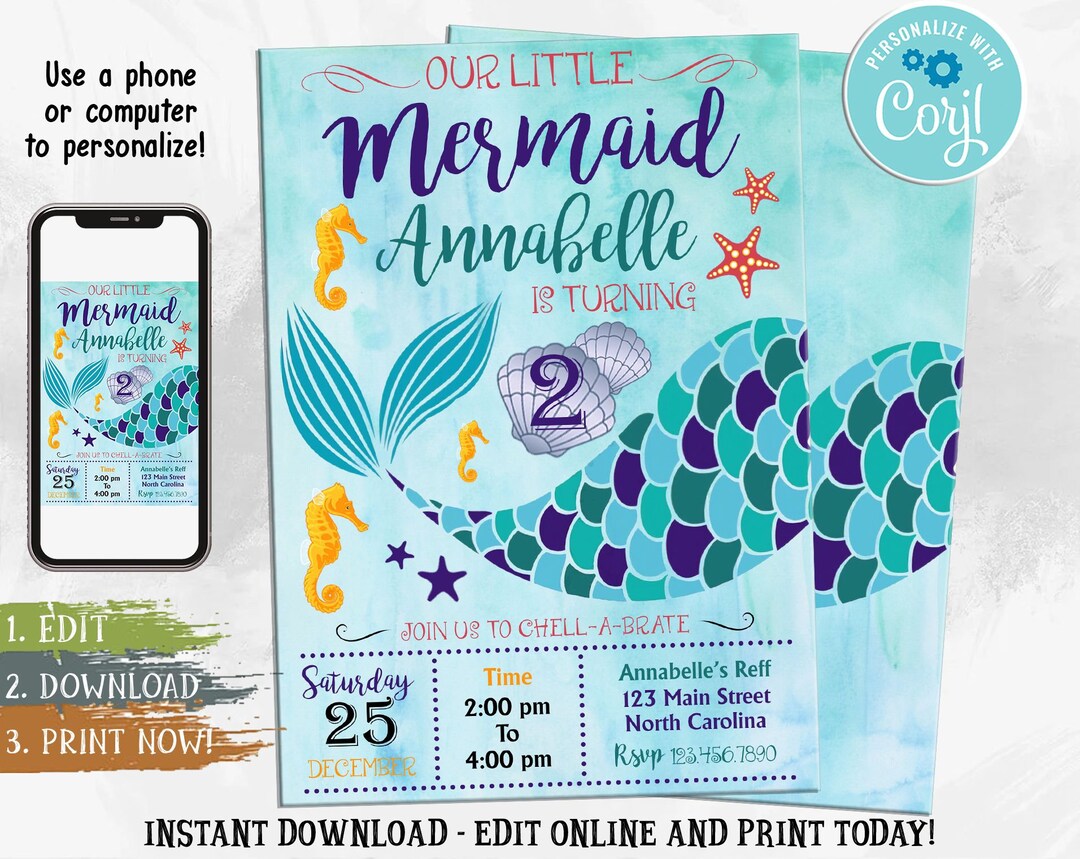 Editable Mermaid Invitation Mermaid Birthday Invitation - Etsy