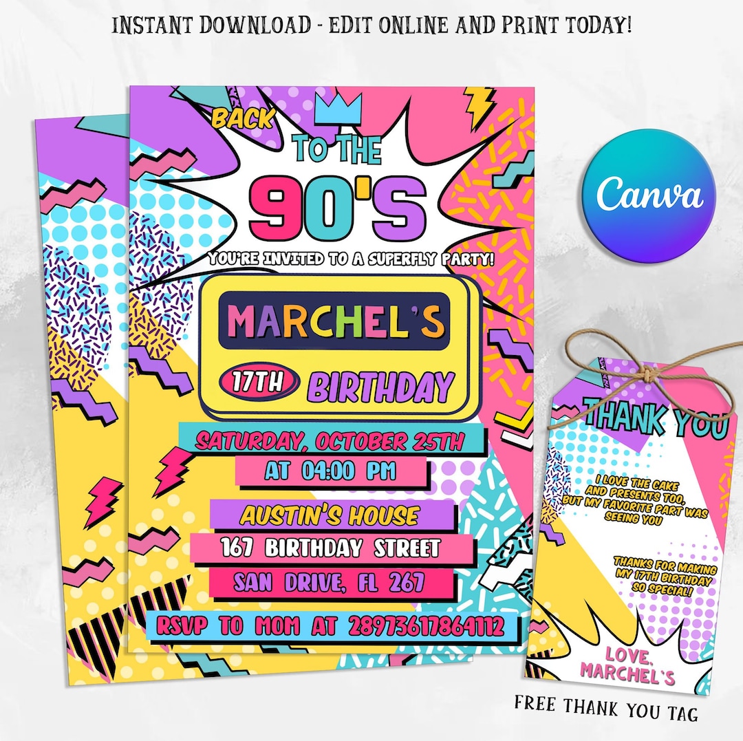 Editable 90s Party Invitation, Back to the 90s, Throwback Party, House ...