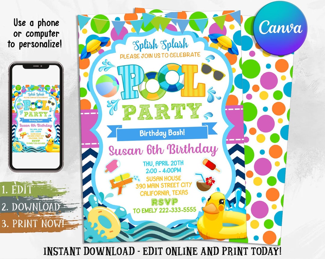 Editable Pool Birthday Invitation, Poll Party Invitation, Spish Splash ...