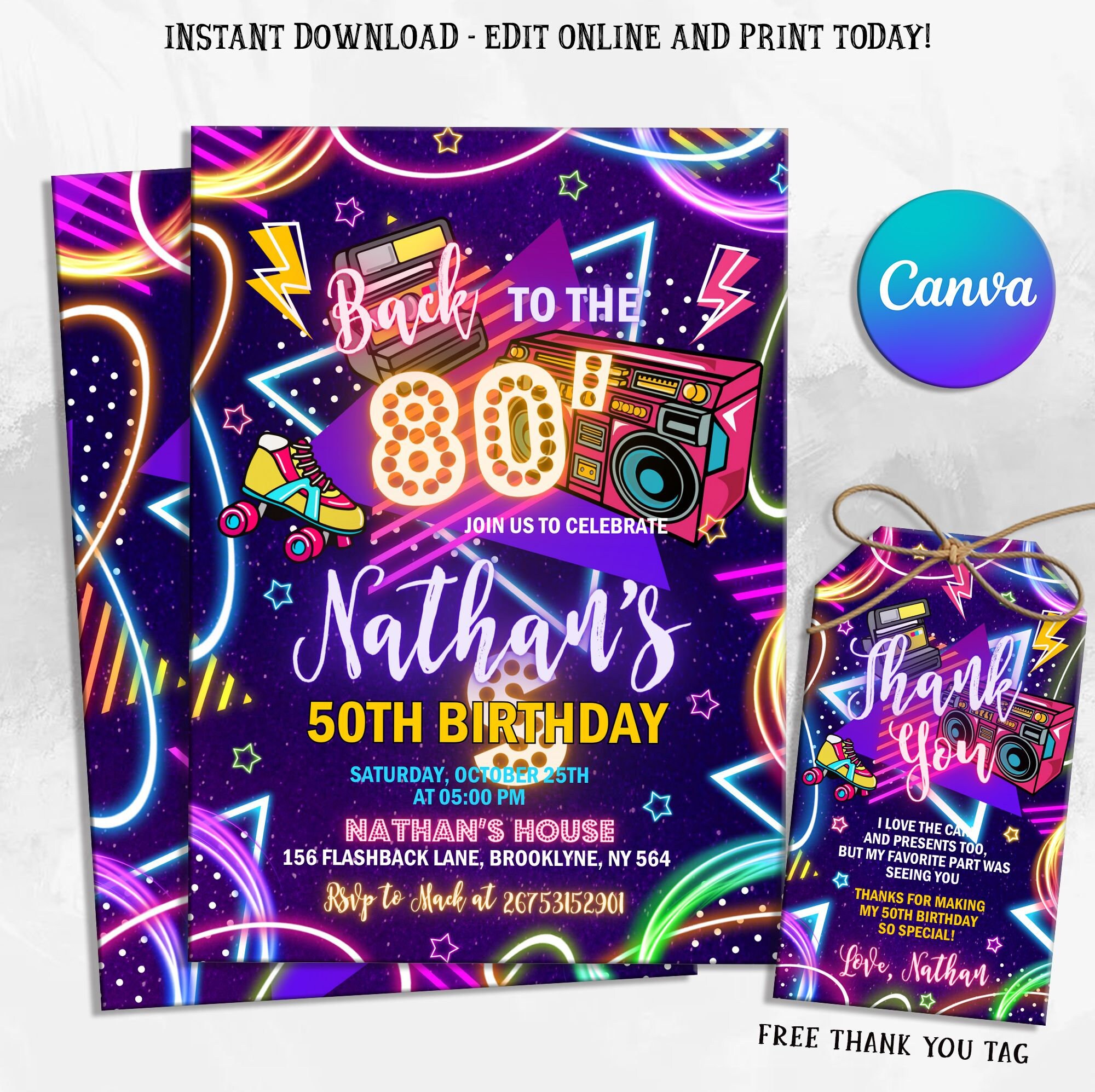 Editable 80s Birthday Party Invitation, Back to the 80s, Throwback Party, Neon Party, Glow Dance ...