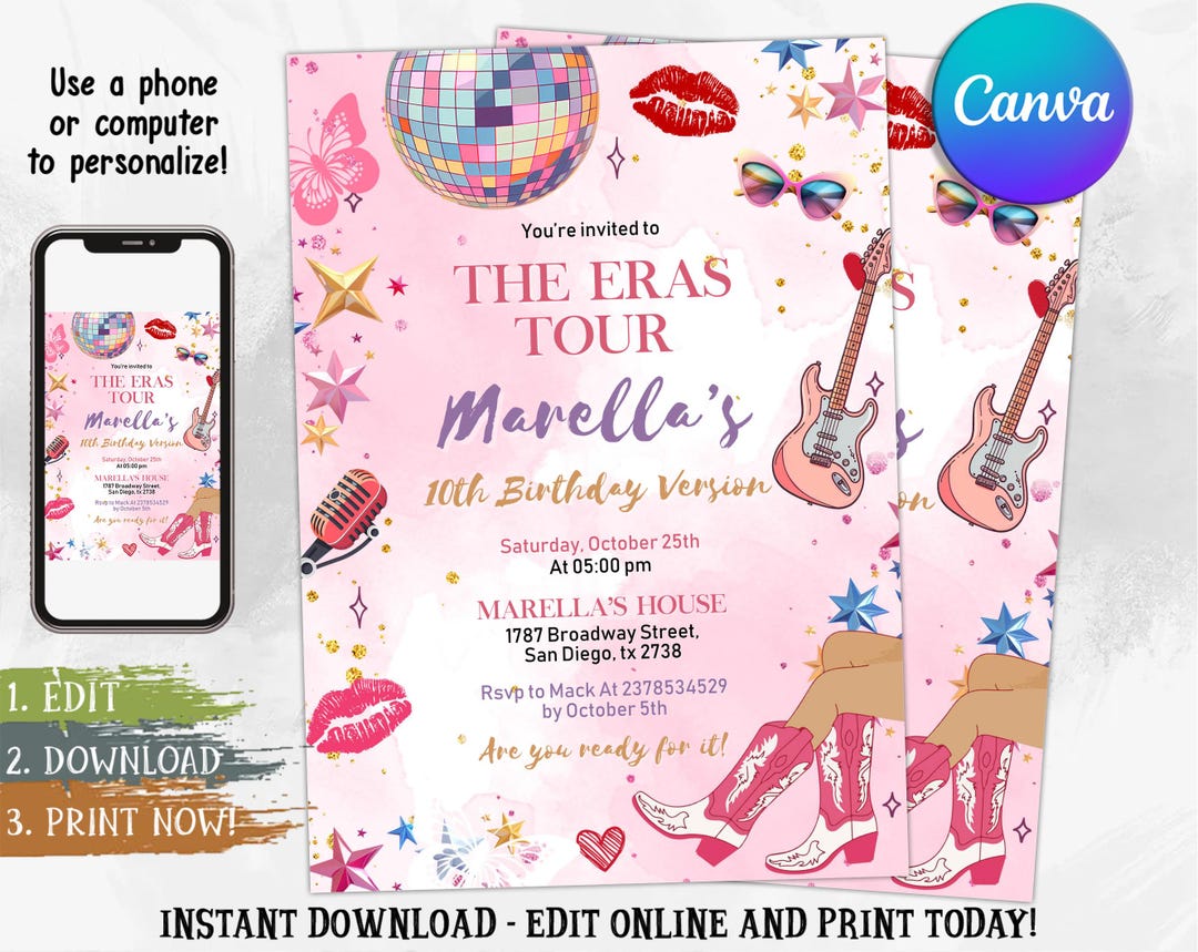 Eras Tour Birthday Invitation, Surprise Music Invite, Girl Party ...