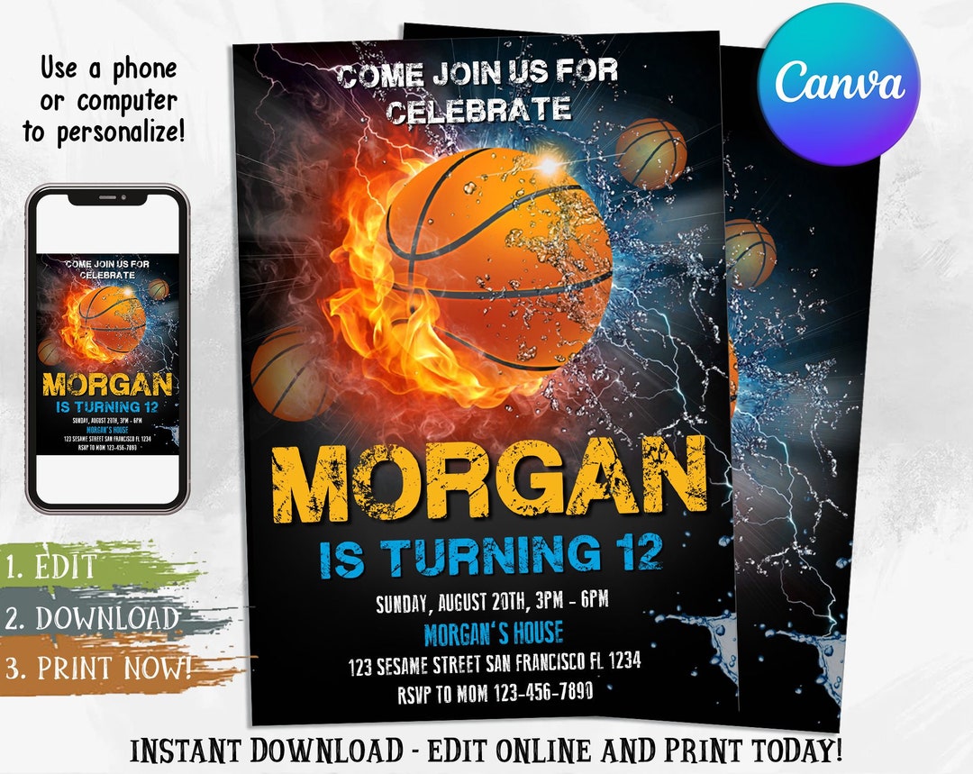 Basketball Birthday Invitation Template, Basketball Party Invitation ...
