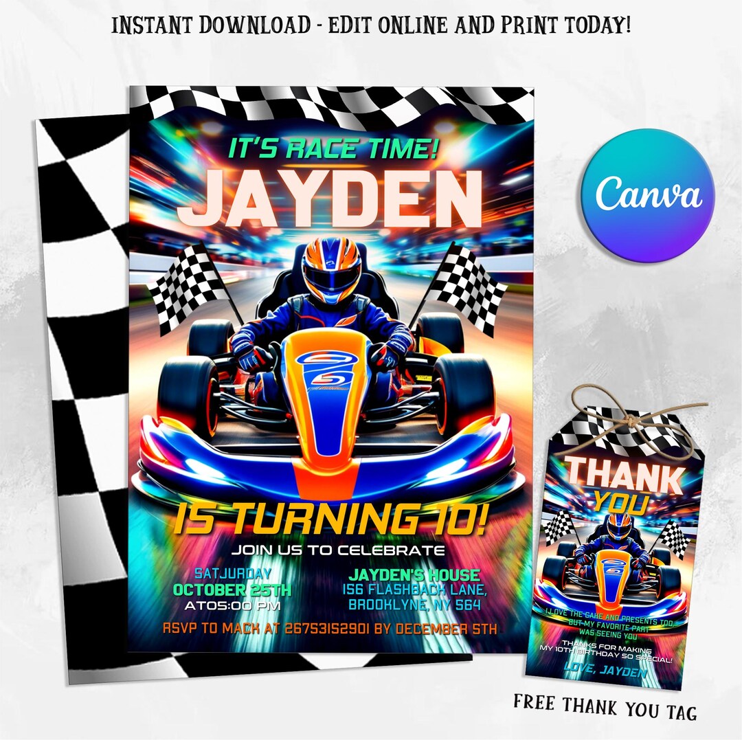 Go Kart Birthday Invitation, Go Kart Party Invitation, Race Car ...