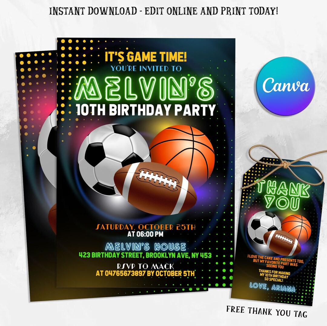 Editable Sports Invitation, Neon Sports Invites, Sports Flyer, Sport ...